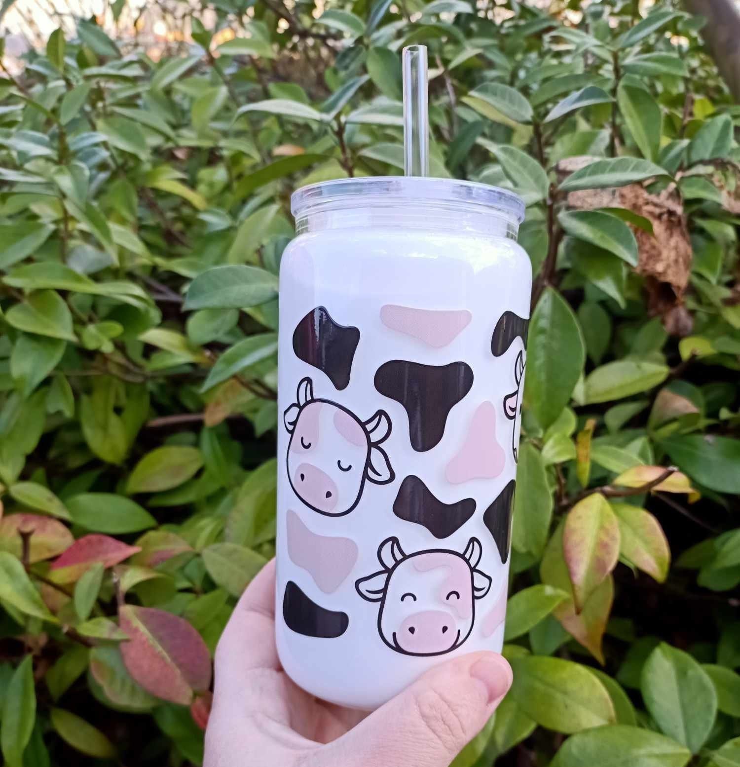 16 Oz Glass Cup With Lid and Straw, Milk Snow Globe Cow Print, Cow ...