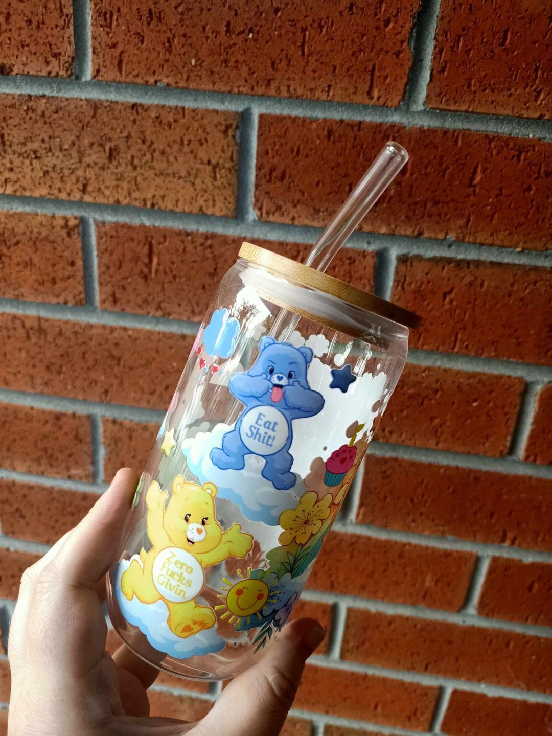 Swear Bears 16 Oz Glass Cup With Lid and Straw, Bears, Iced Coffee Cup ...