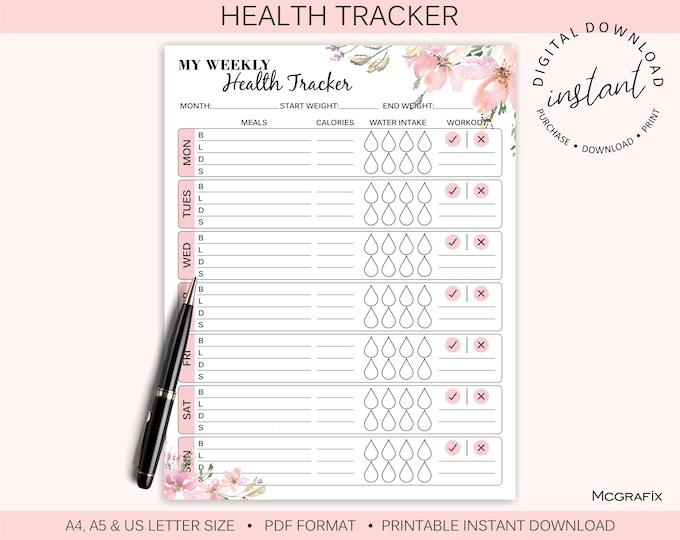 Weekly Health Tracker Printable Food Tracker, Weight Tracker, Sleep ...