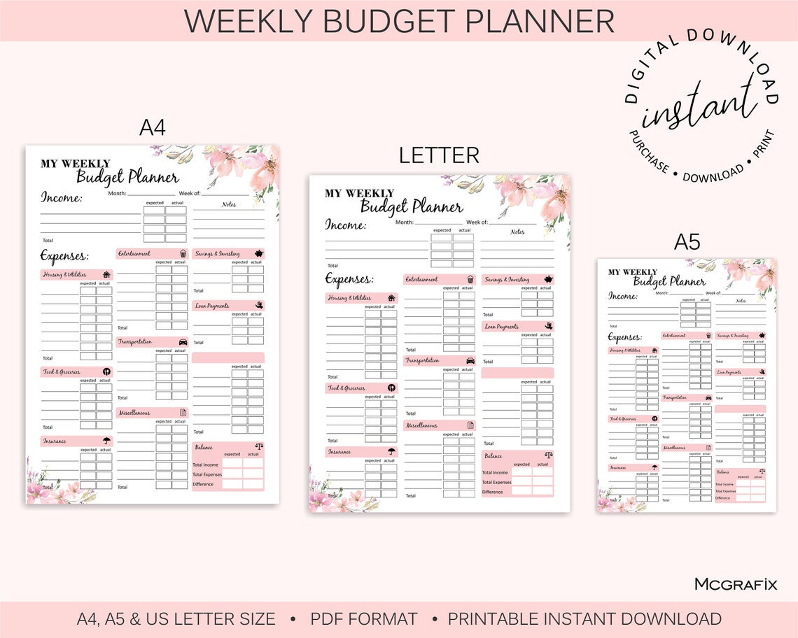 Flower Weekly Budget Planner Printable Budget Tracker - Etsy