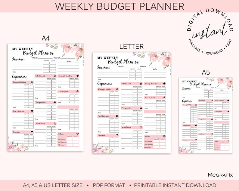 Flower Weekly Budget Planner Printable Budget Tracker - Etsy