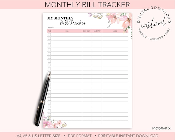 Flower Monthly Bill Tracker Printable Monthly Bill Tracker | Etsy