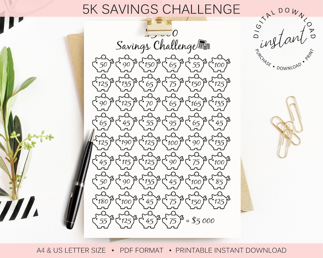 5K Money Saving Challenge Printable 5K Savings Challenge 52 Week ...