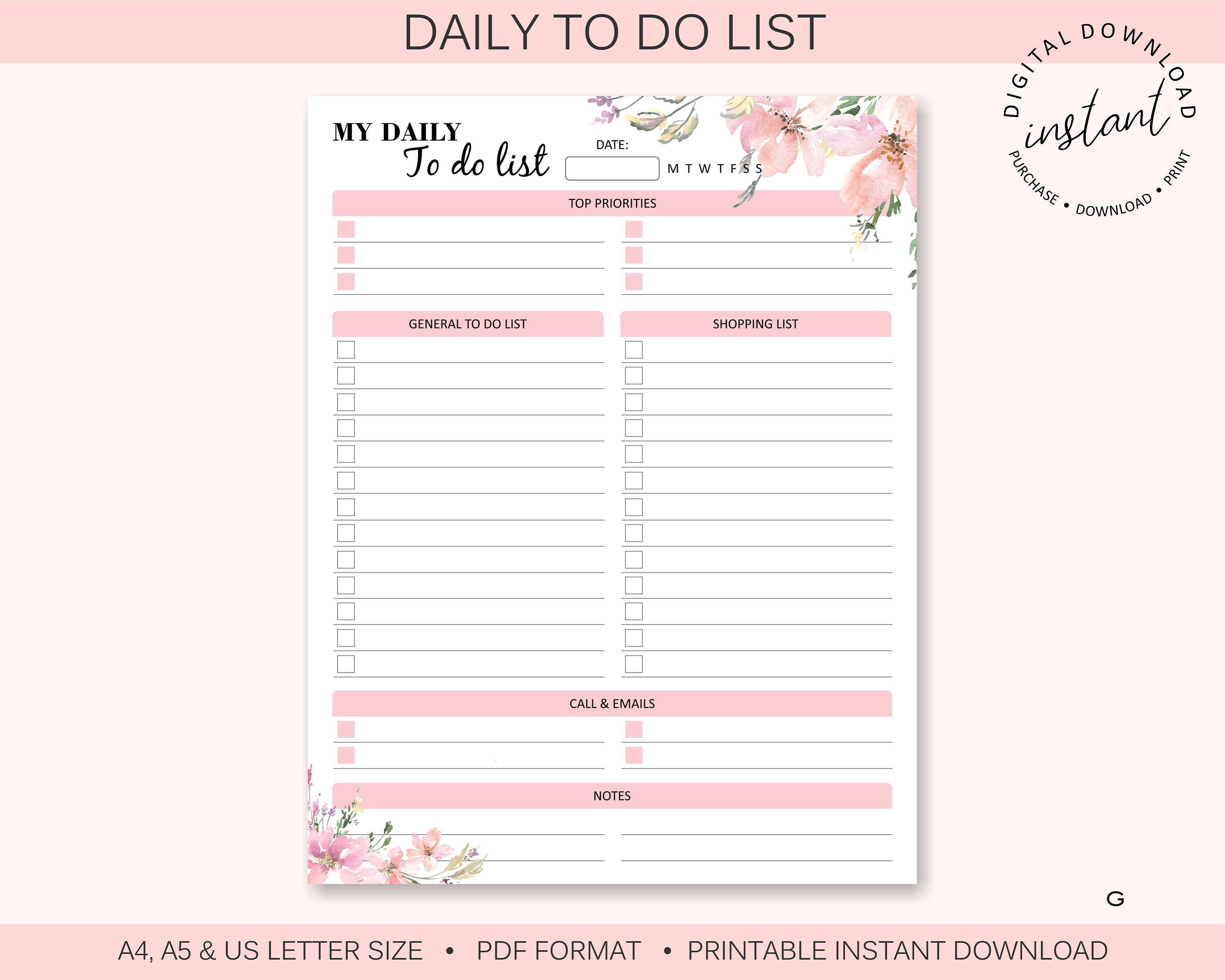 Flower Daily to Do List Printable Daily to Do List Printable to Do List ...