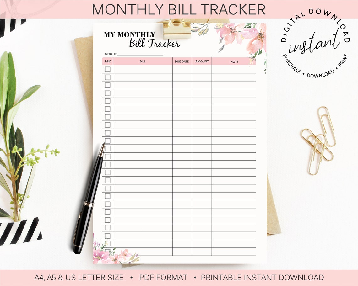 Flower Monthly Bill Tracker Printable Monthly Bill Tracker Bill Payment ...
