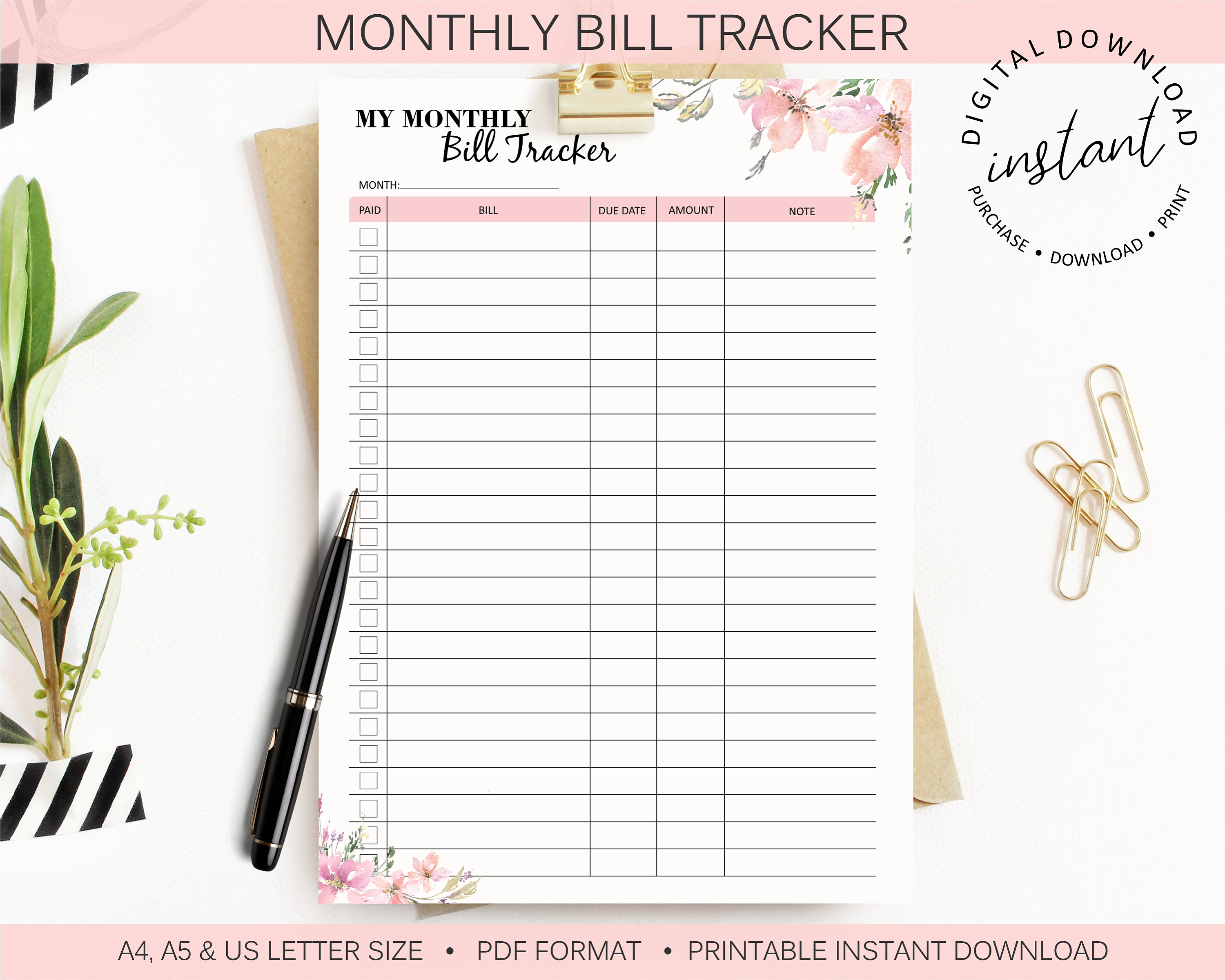 Flower Monthly Bill Tracker Printable Monthly Bill Tracker Bill Payment ...