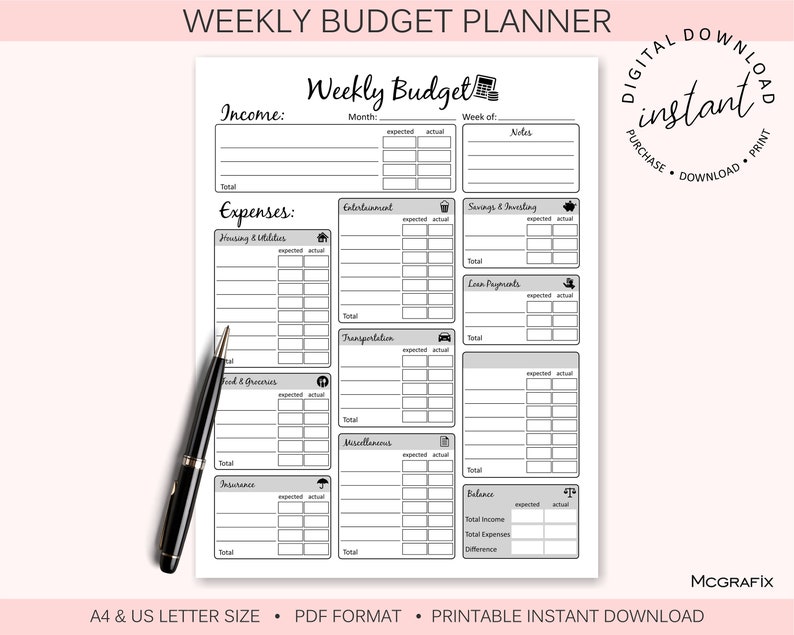 Weekly Budget Planner Printable Budget Tracker Finance - Etsy