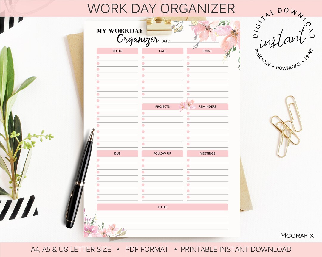 Flower Work Day Organizer Printable Work Day Organizer - Etsy