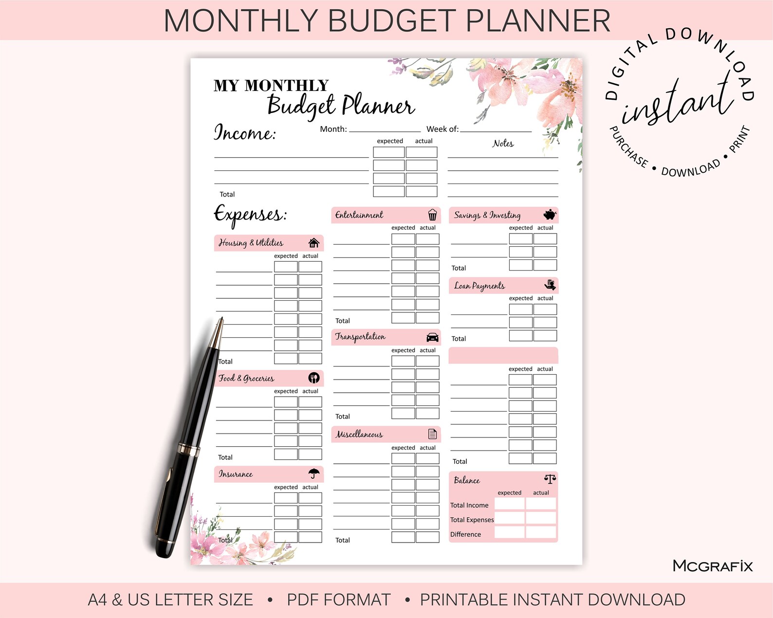 Flower Monthly Budget Planner Printable | Budget Tracker Printable ...