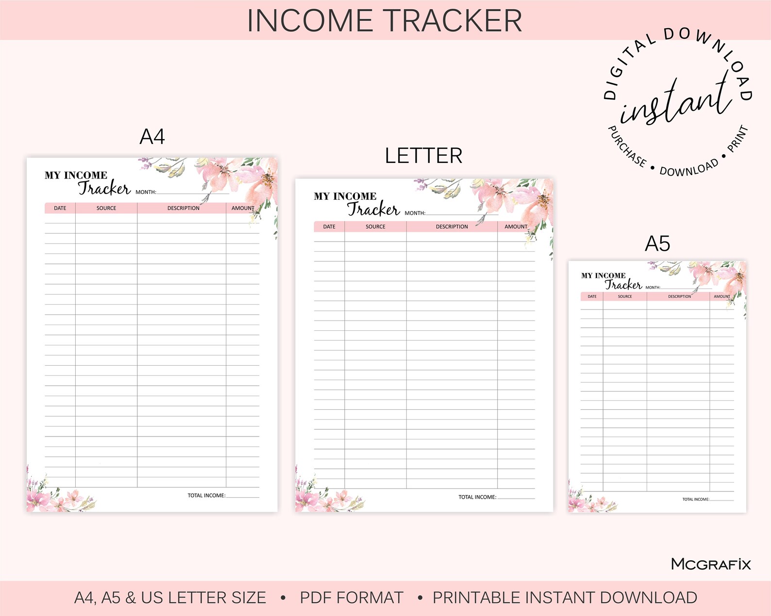 Flower Income and Expense Tracker Printable Income Tracker Expense ...