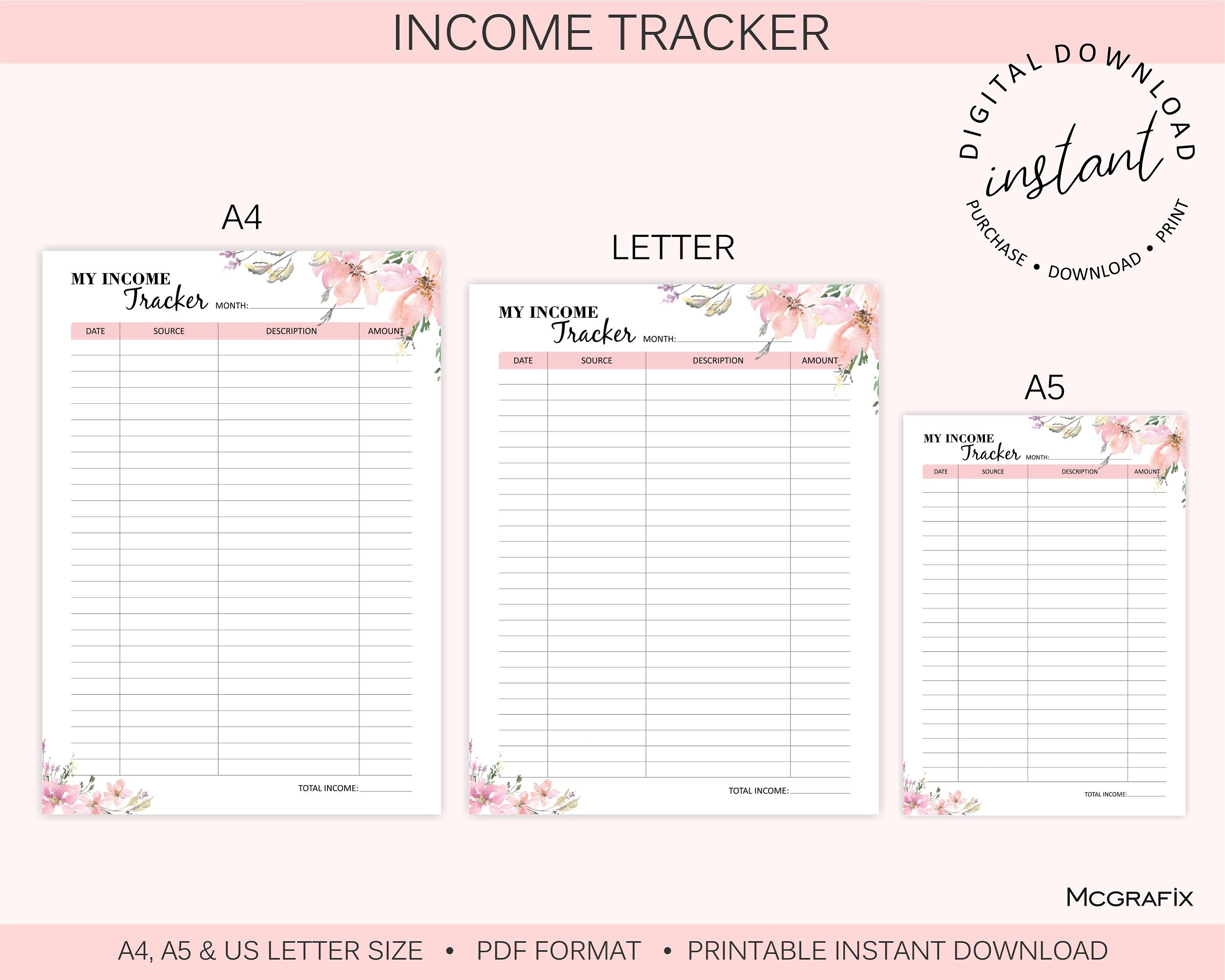 Flower Income and Expense Tracker Printable Income Tracker Expense ...