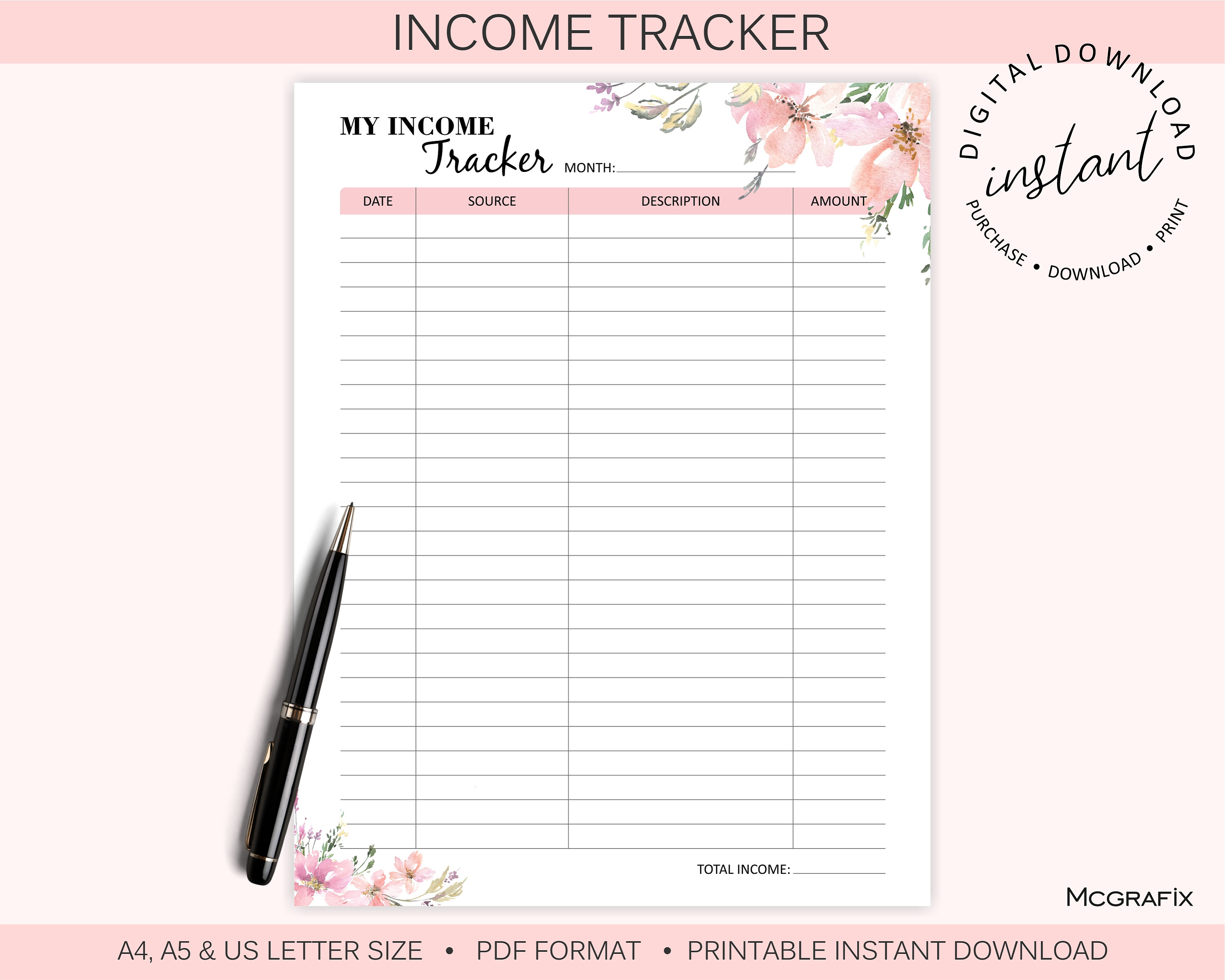 Flower Income and Expense Tracker Printable Income Tracker Expense ...