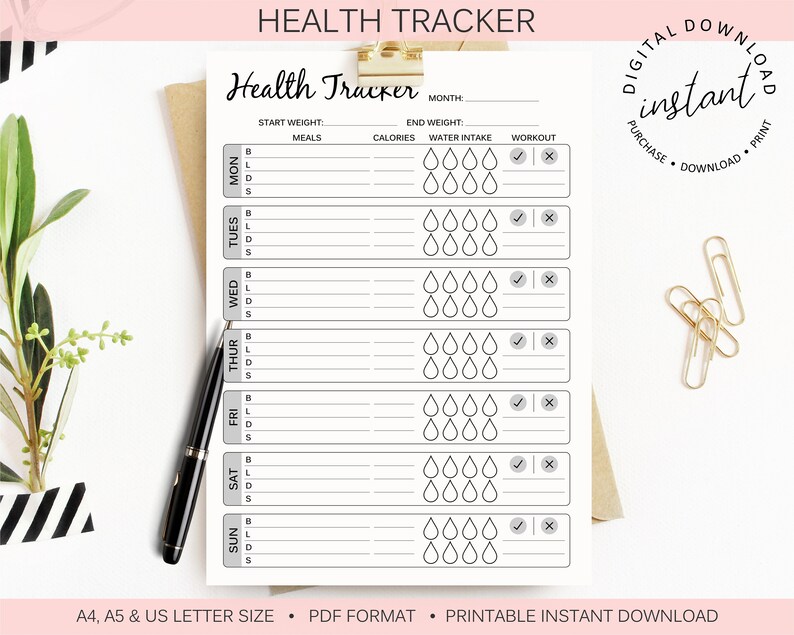 Health Tracker Printable | Wellness Tracker | Food Log | Calorie ...