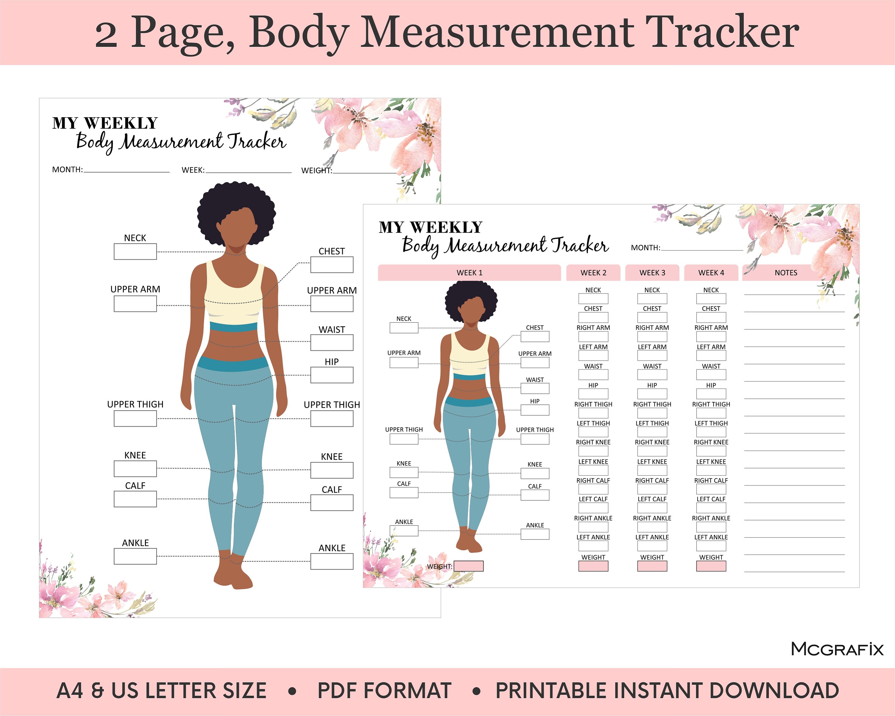 Measurement Tracker Weight Loss Tracker Printable Body Fitness Tracker ...