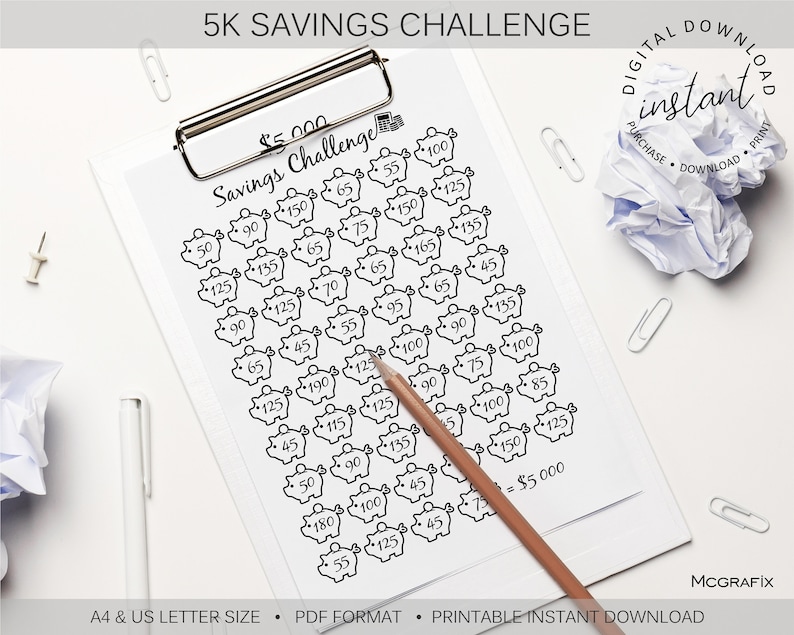 5K Money Saving Challenge Printable 5K Savings Challenge 52 Week ...