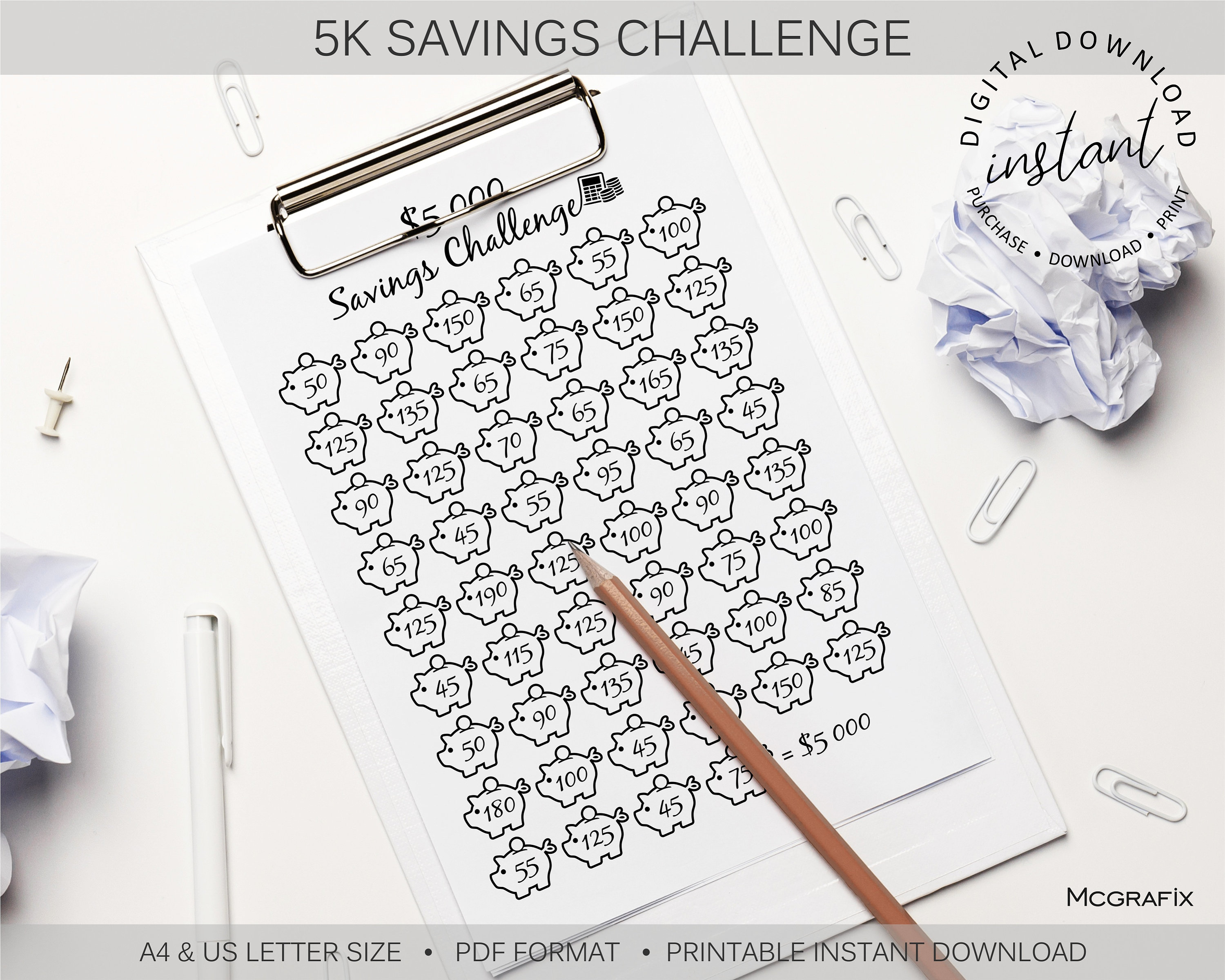5K Money Saving Challenge Printable 5K Savings Challenge 52 Week ...