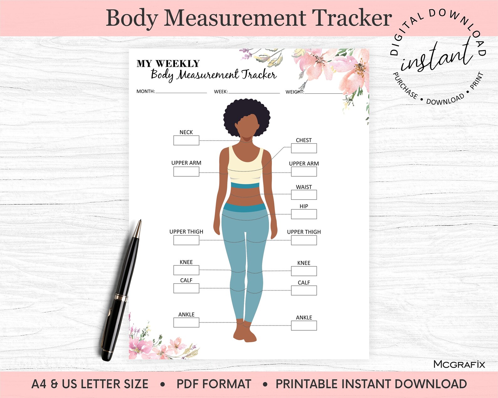 Measurement Tracker Weight Loss Tracker Printable Body Fitness Tracker ...