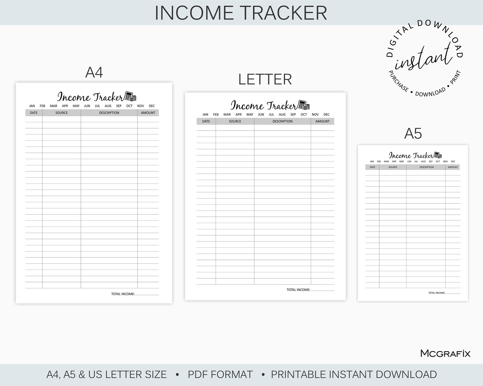 Income Tracker Printable Income Tracker Finance Tracker Budget Tracker ...