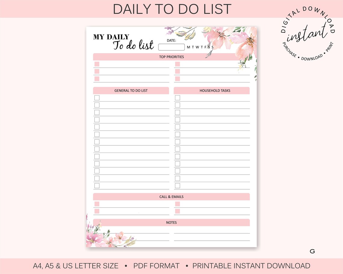 Flower Daily to Do List Printable Daily to Do List Printable to Do List ...