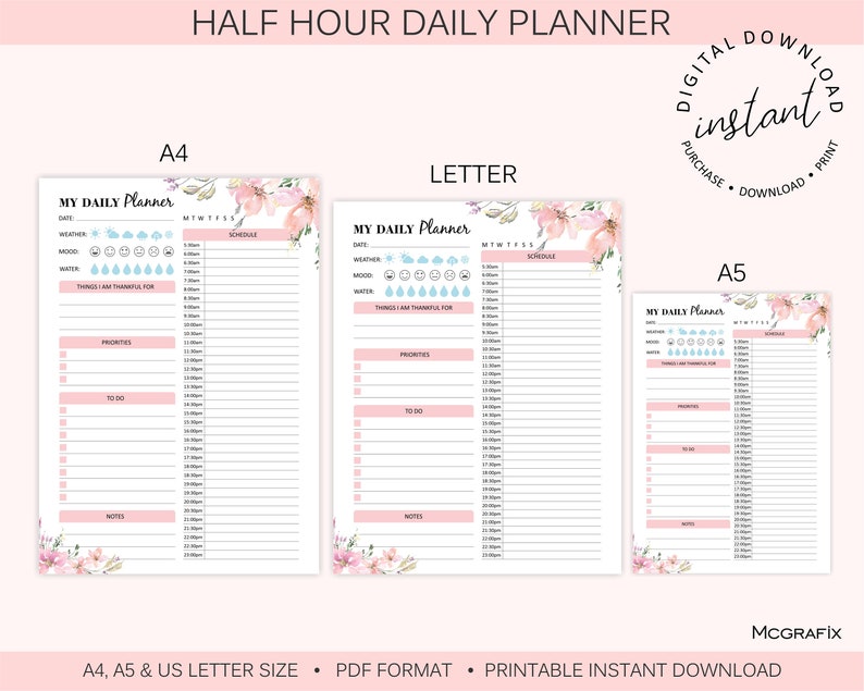 Flower Daily Planner Printable Productivity Planner Daily Schedule ...