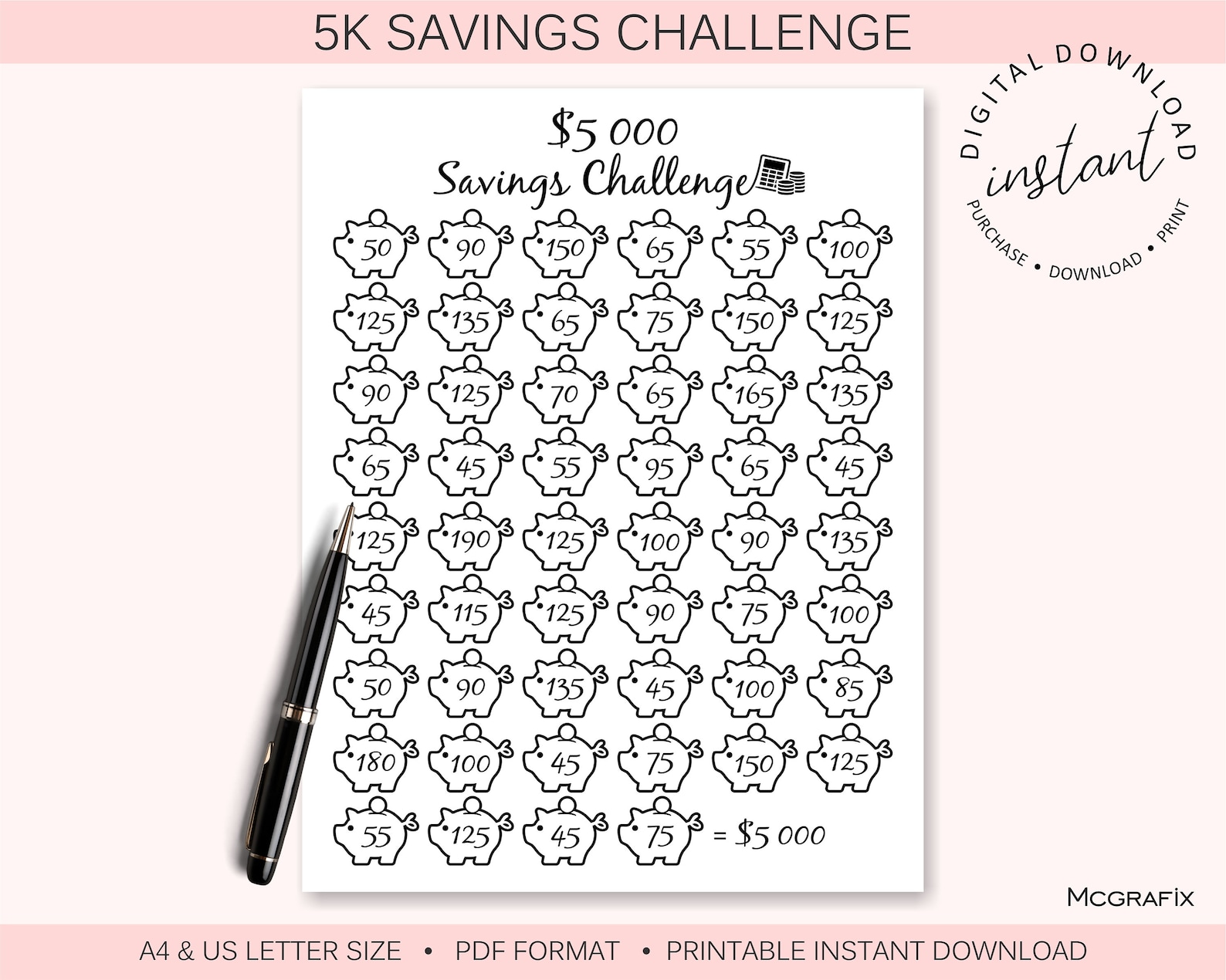 5K Money Saving Challenge Printable 5K Savings Challenge 52 Week ...