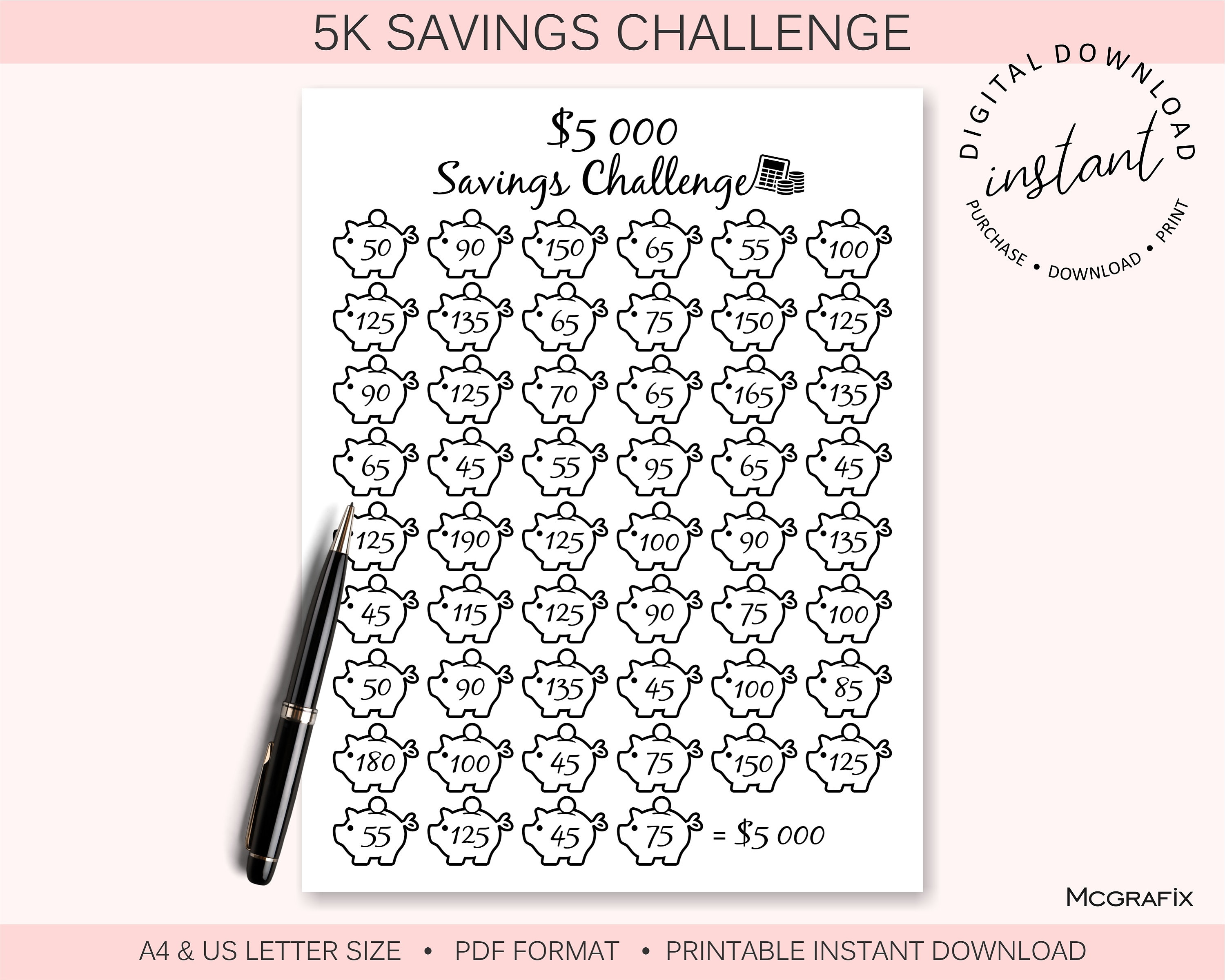 5K Money Saving Challenge Printable 5K Savings Challenge 52 Week ...