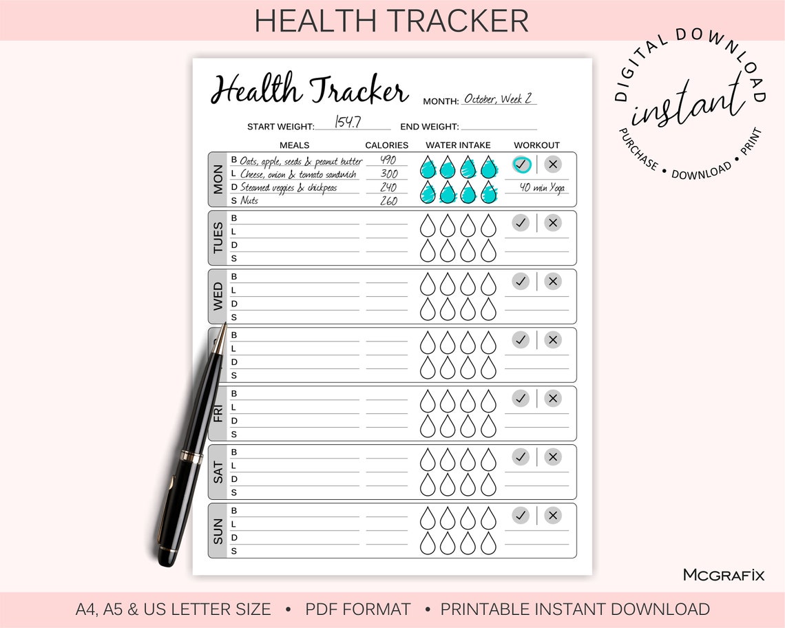 Health Tracker Printable Wellness Tracker Food Log Calorie Counting ...