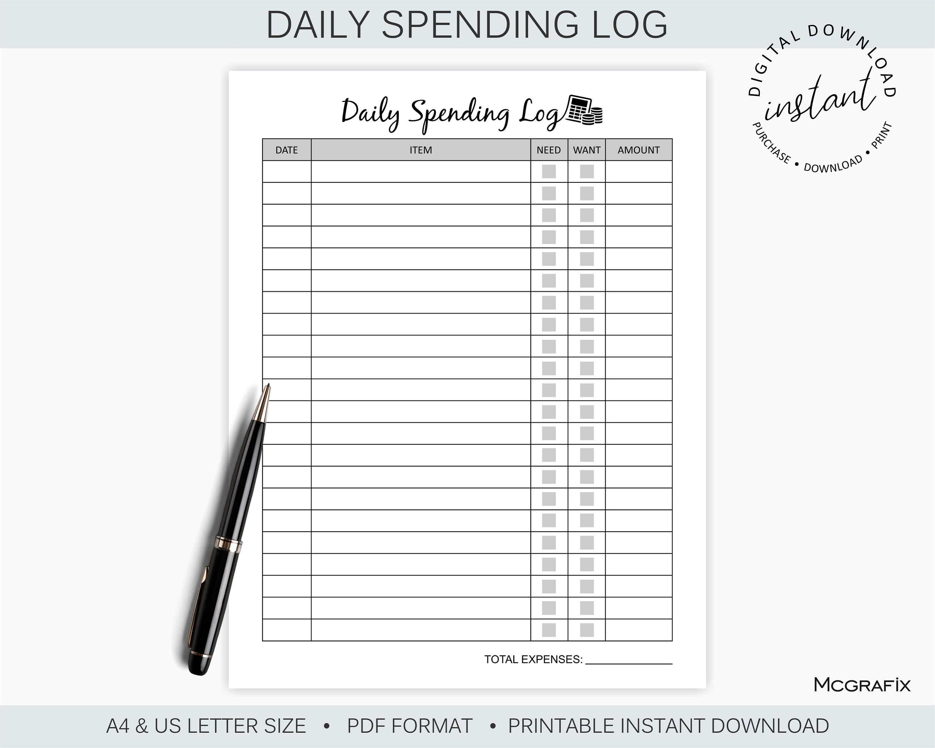 Daily Spending Tracker Printable Spending Tracker Spending Log Expense ...