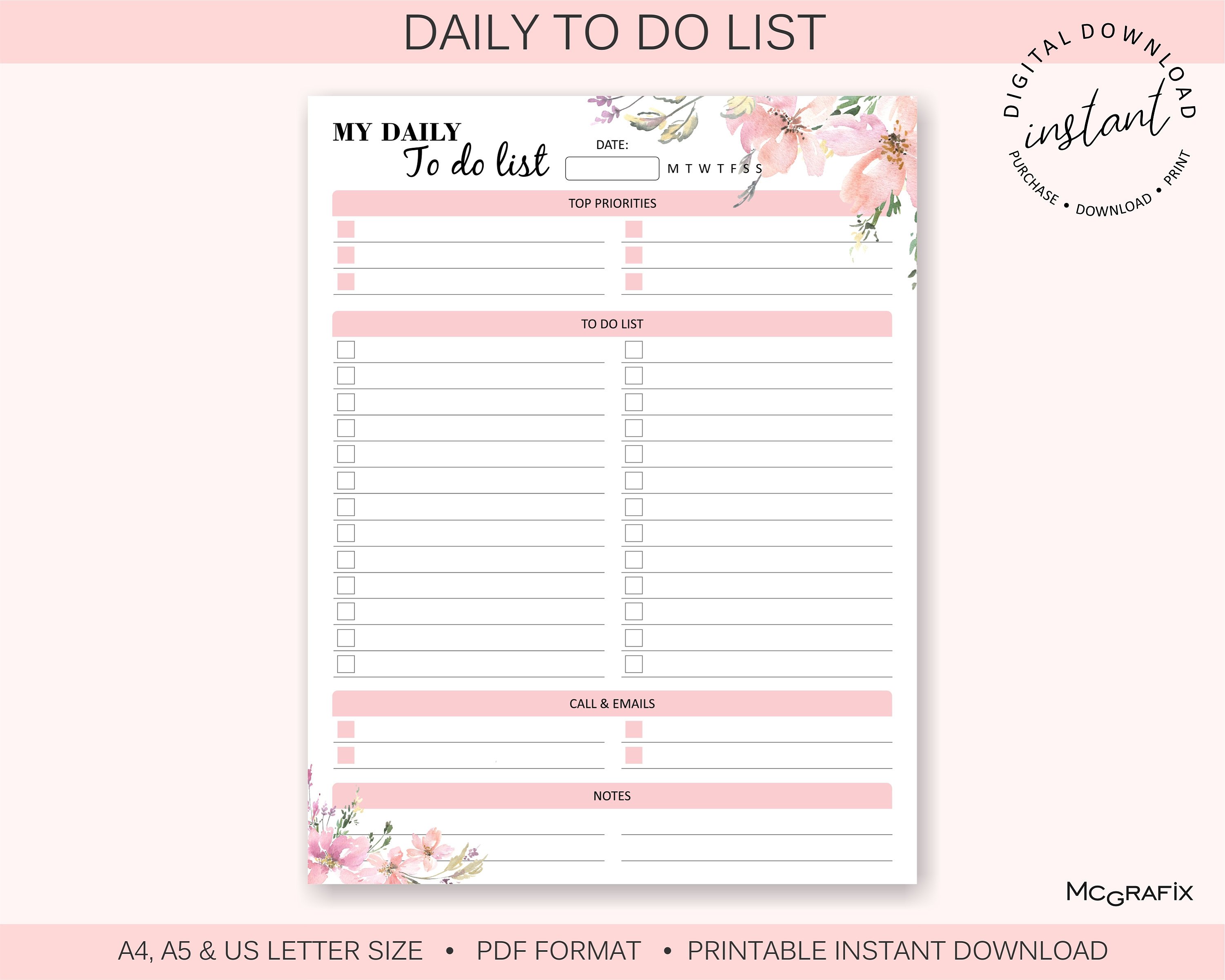 Flower Daily to Do List Printable Daily to Do List Printable to Do List ...