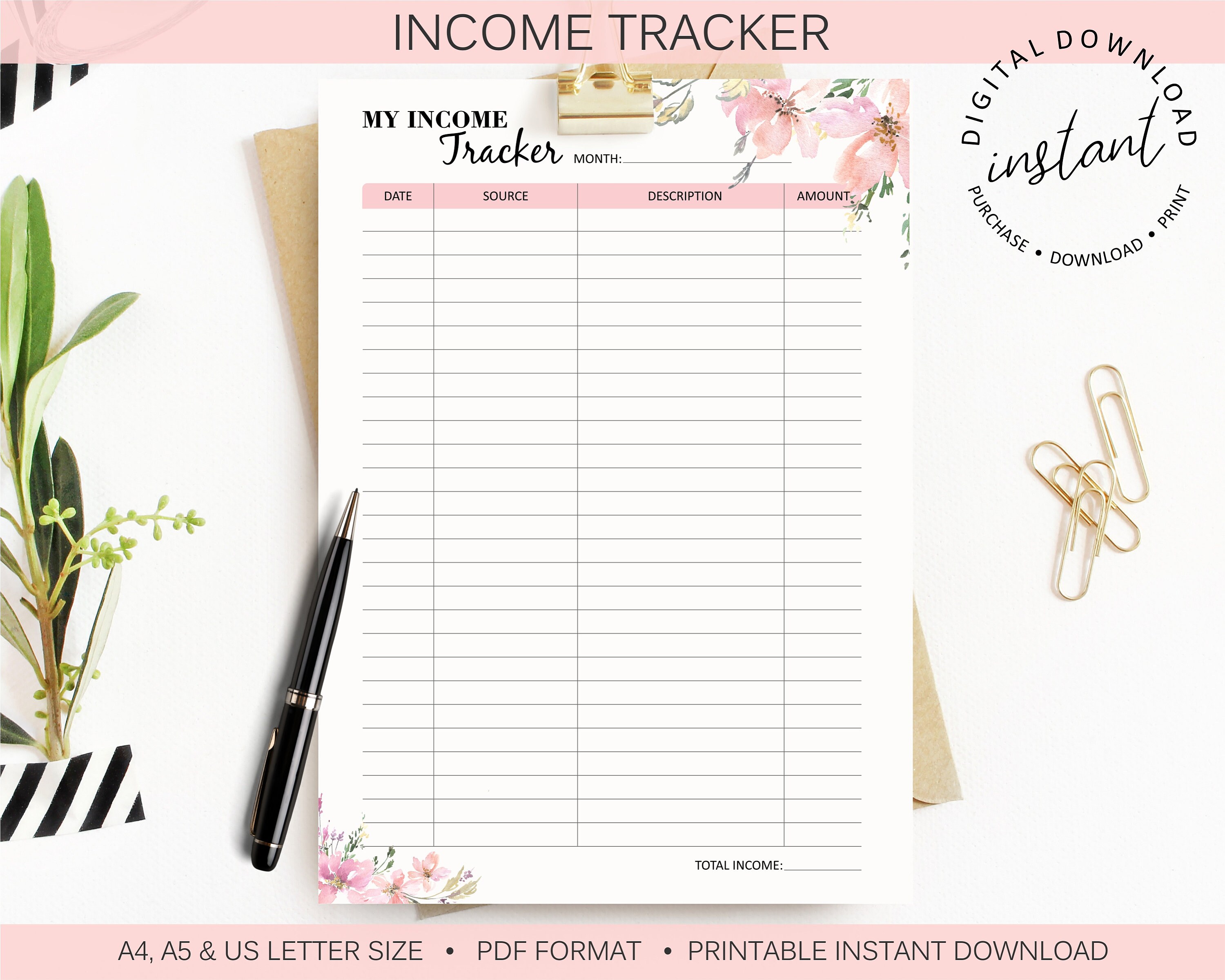 Flower Income and Expense Tracker Printable Income Tracker Expense ...