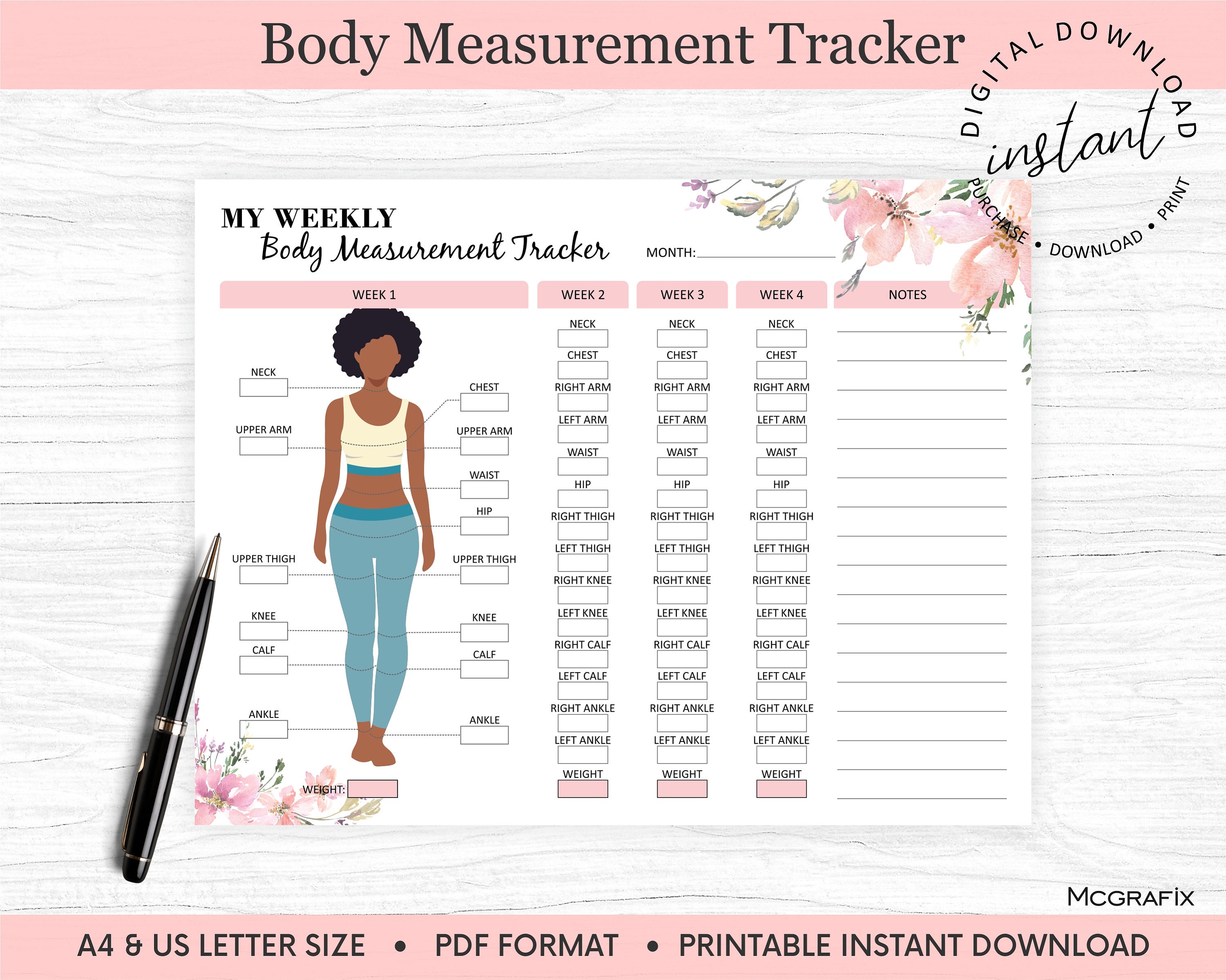 Measurement Tracker Weight Loss Tracker Printable Body Fitness Tracker ...