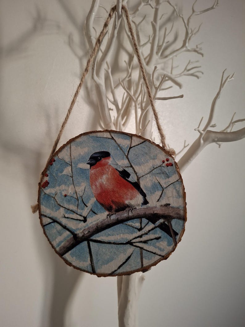 WINTER BIRD Rustic Decoupage Wood Slice Hanging Plaque Decoration Gift ...