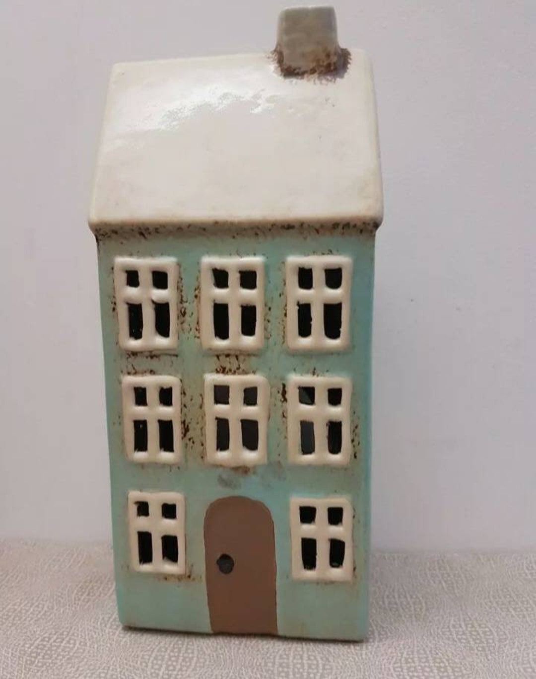 Village Pottery Tall House Tea Light Holder With Chimney Duck Egg Blue ...