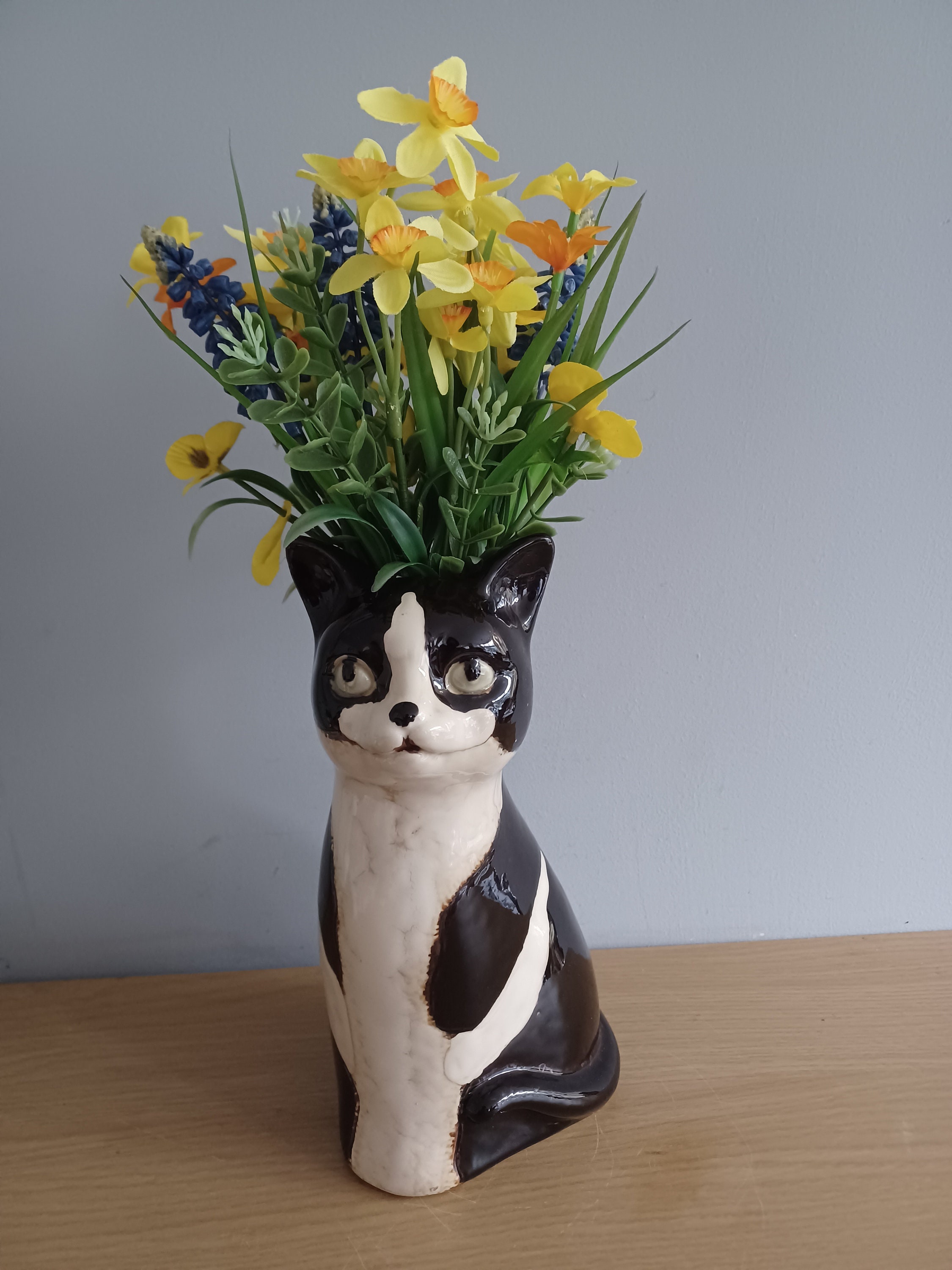 Black and White Cat Kitten Vase Ceramic Top Cat Vase by Village Pottery ...