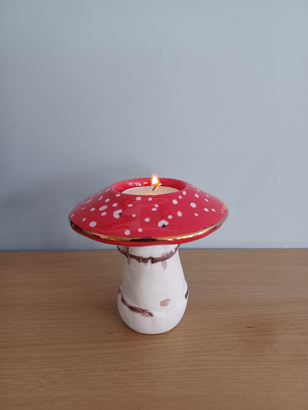Red Spotty Mushroom Tea Light Holder Porcelain Small Size 11cm Tall New ...