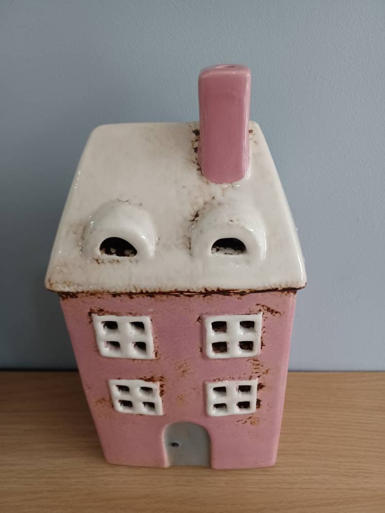 Ceramic Village Pottery Tall PINK House Tea Light Holder Gift Ornament ...