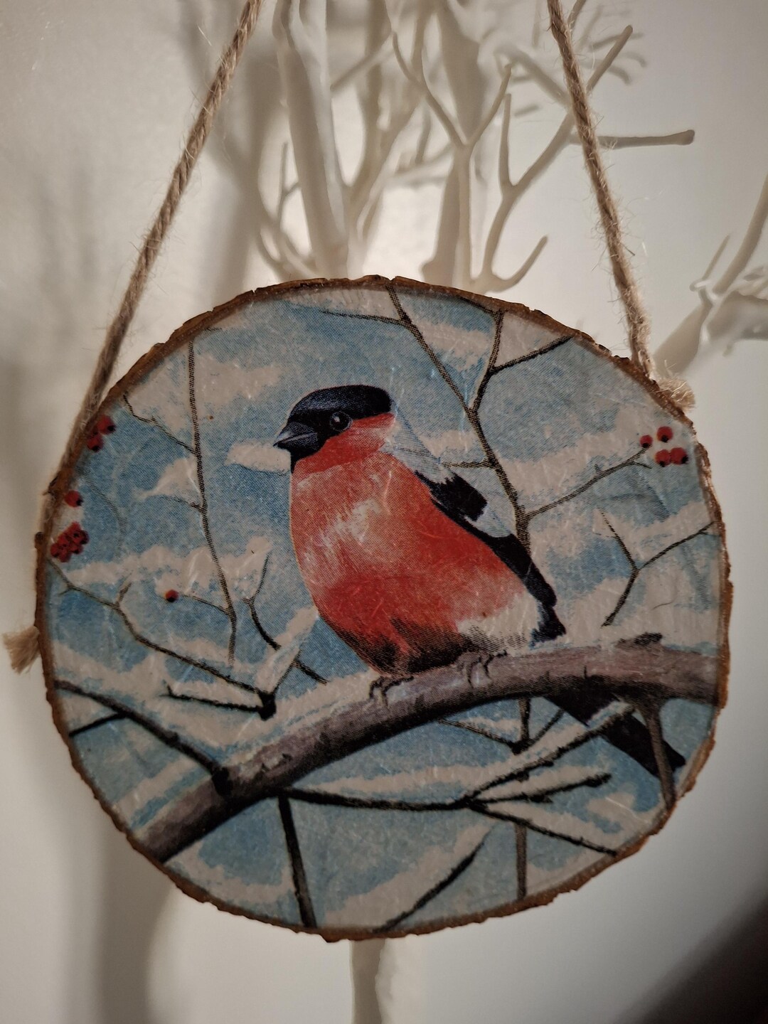 WINTER BIRD Rustic Decoupage Wood Slice Hanging Plaque Decoration Gift ...