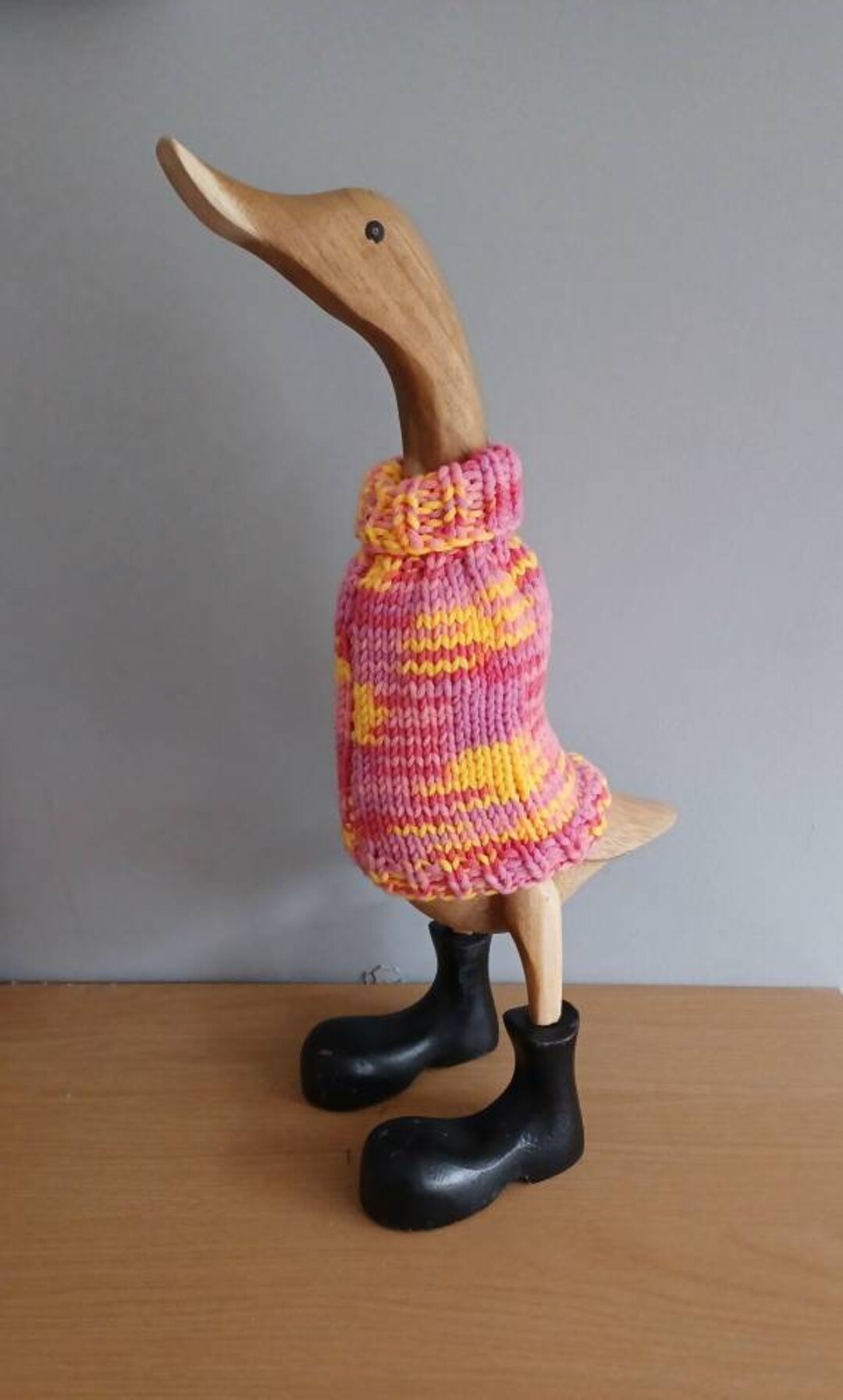 Large WOODEN DUCK With Black Wellies and Hand Knitted Pink - Etsy UK