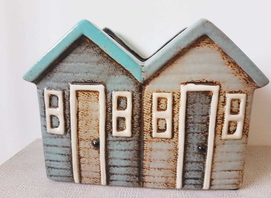 BEACH HUT Planter by Village Pottery Blue Grey Novelty Plant Pot Gift ...