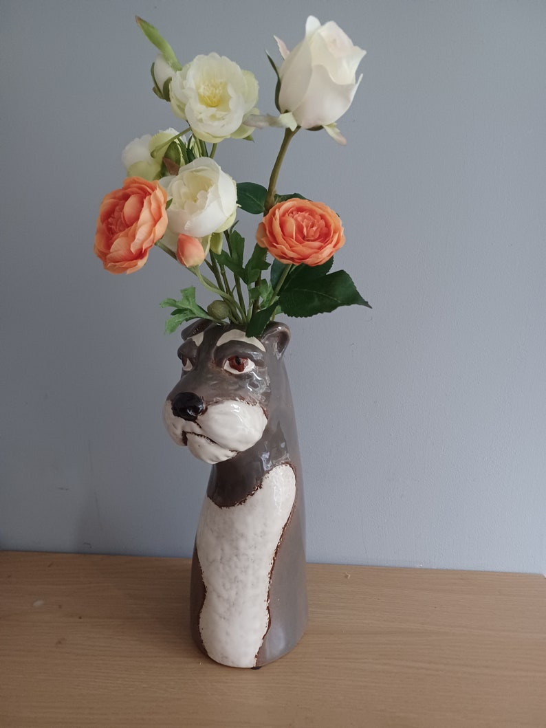 Dog Vase Ceramic Grey SCHNAUZER Dog Vase by Village Pottery Top Dog ...