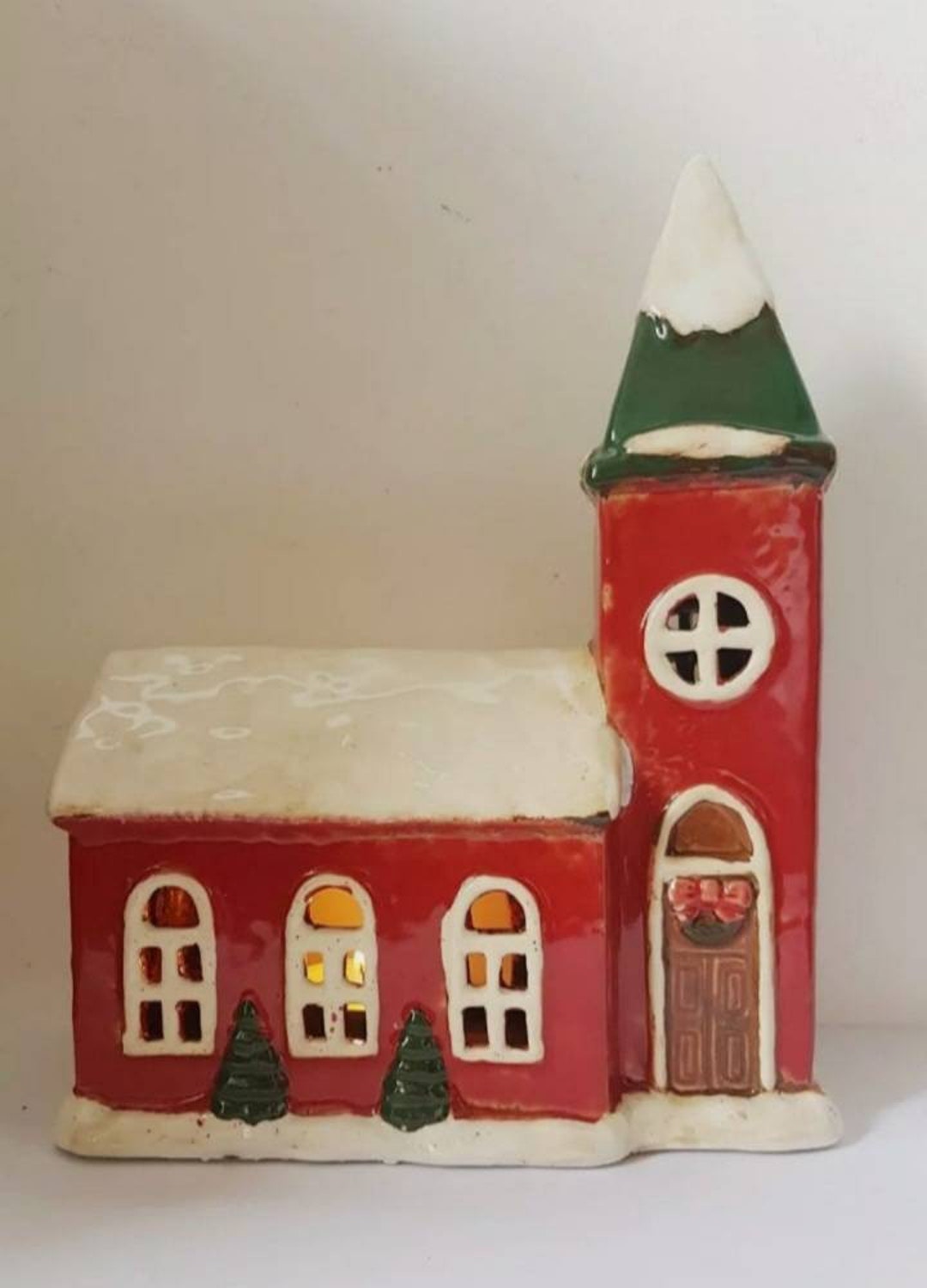 Village Pottery Snowy Christmas CHURCH Tea Light Holder Ornament Gift ...