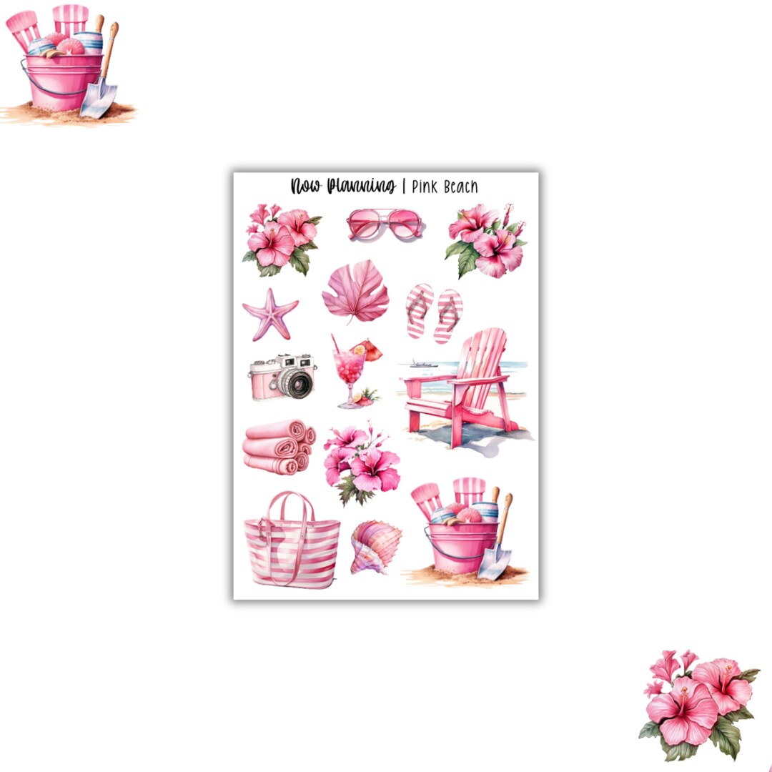 Pink Beach Sticker Sheet | Summer Stickers | Journal Stickers, Planner ...