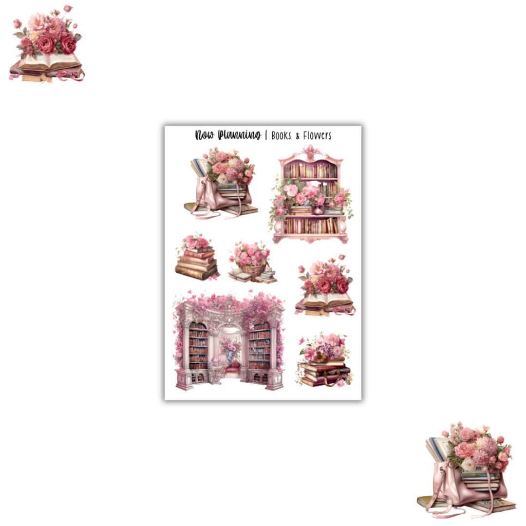 Books & Flowers Sticker Sheet | Book Reading Stickers | Journal ...
