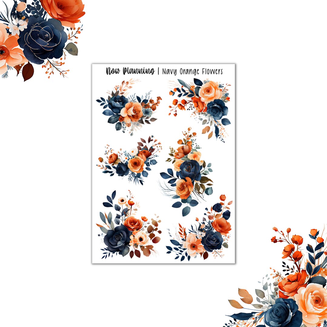 Navy Orange Flowers Sticker Sheet | Journal Stickers, Planner Stickers ...