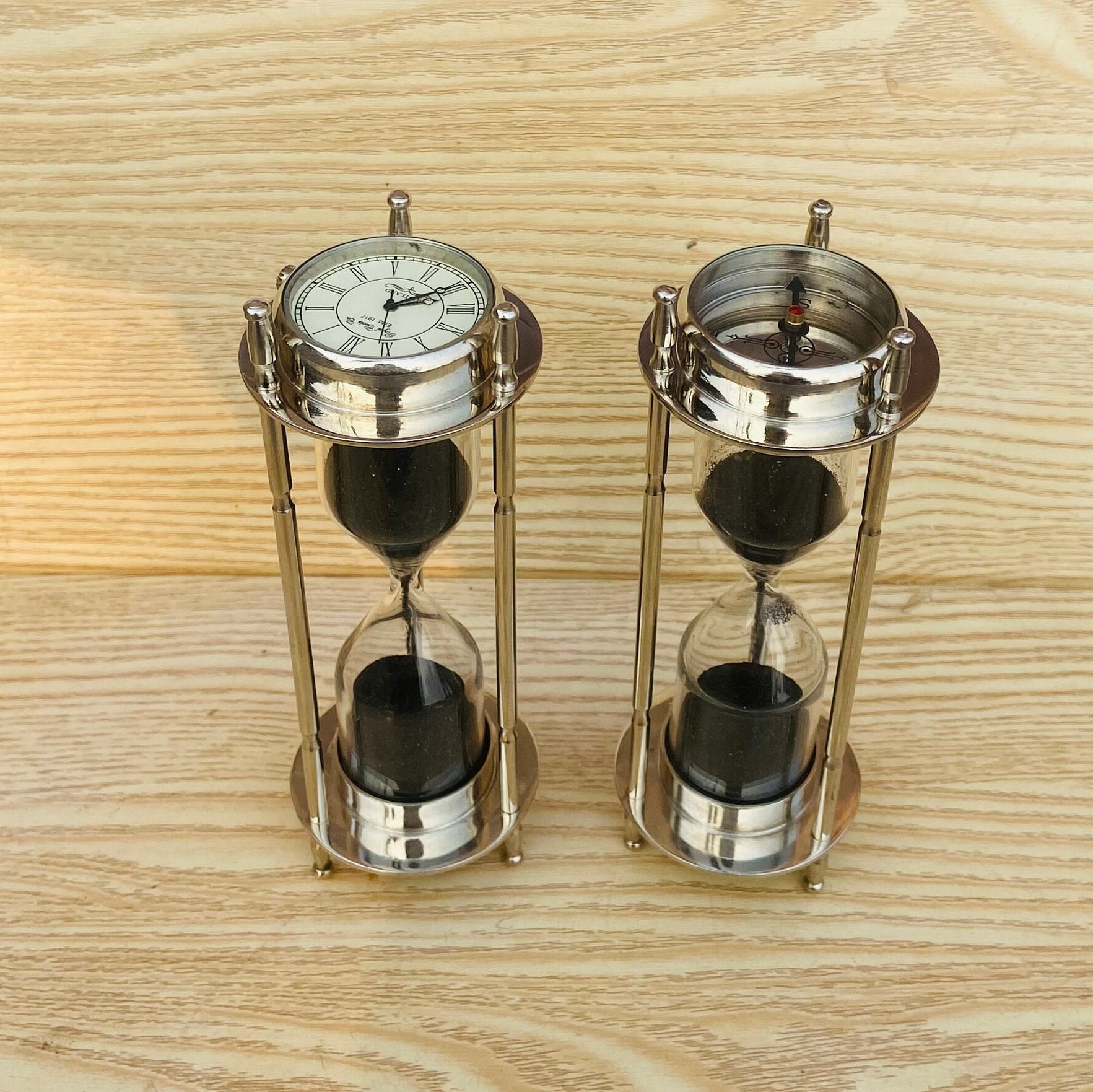 Antique Brass Hourglass Sand Timer With Compass & - Etsy