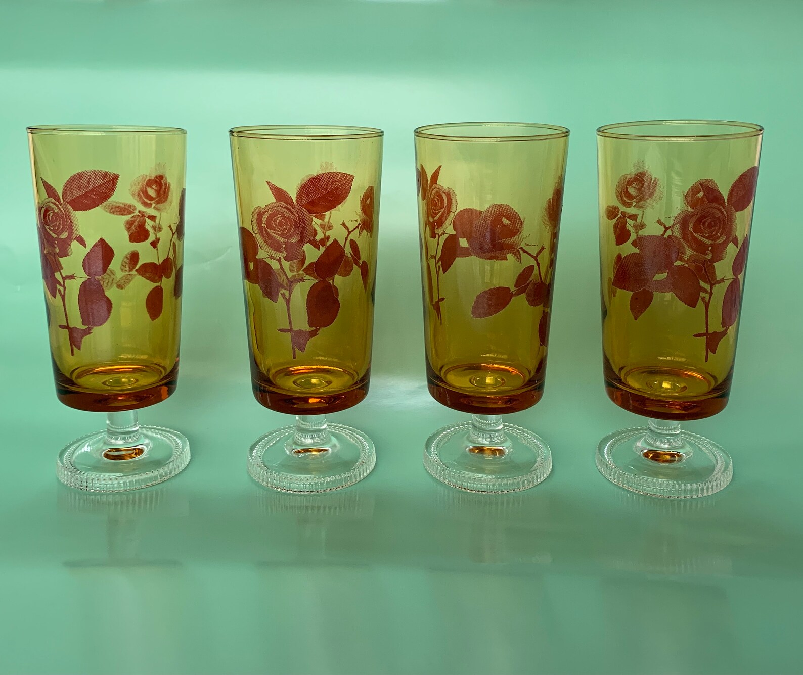 Set Of 4 Vintage Aderia Footed Glasses. Amber Japanese Glass. | Etsy