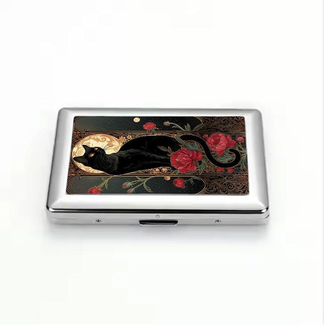 Art Deco Black Cat Cigarette Case, Floral Metal Holder, Vintage Gothic ...