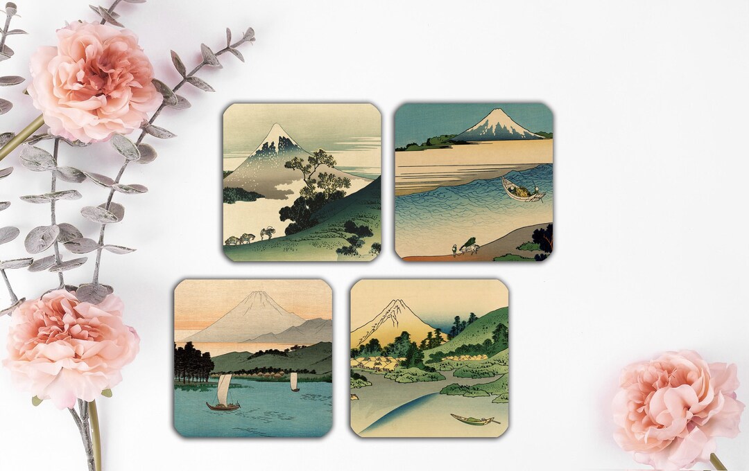 Set of 4 Coasters, Japanese Art Prints, Cork Drink Coasters, Vintage ...