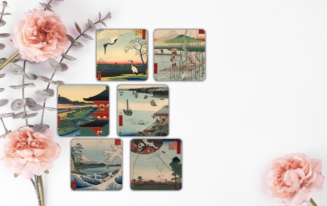 Japanese Art Coasters Set, Vintage Hiroshige Art Ceramic Coasters, Cork ...