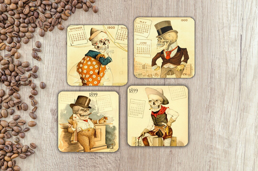 Skeletons Coasters Set Vintage Antikamnia Medical Calendar Cork and ...